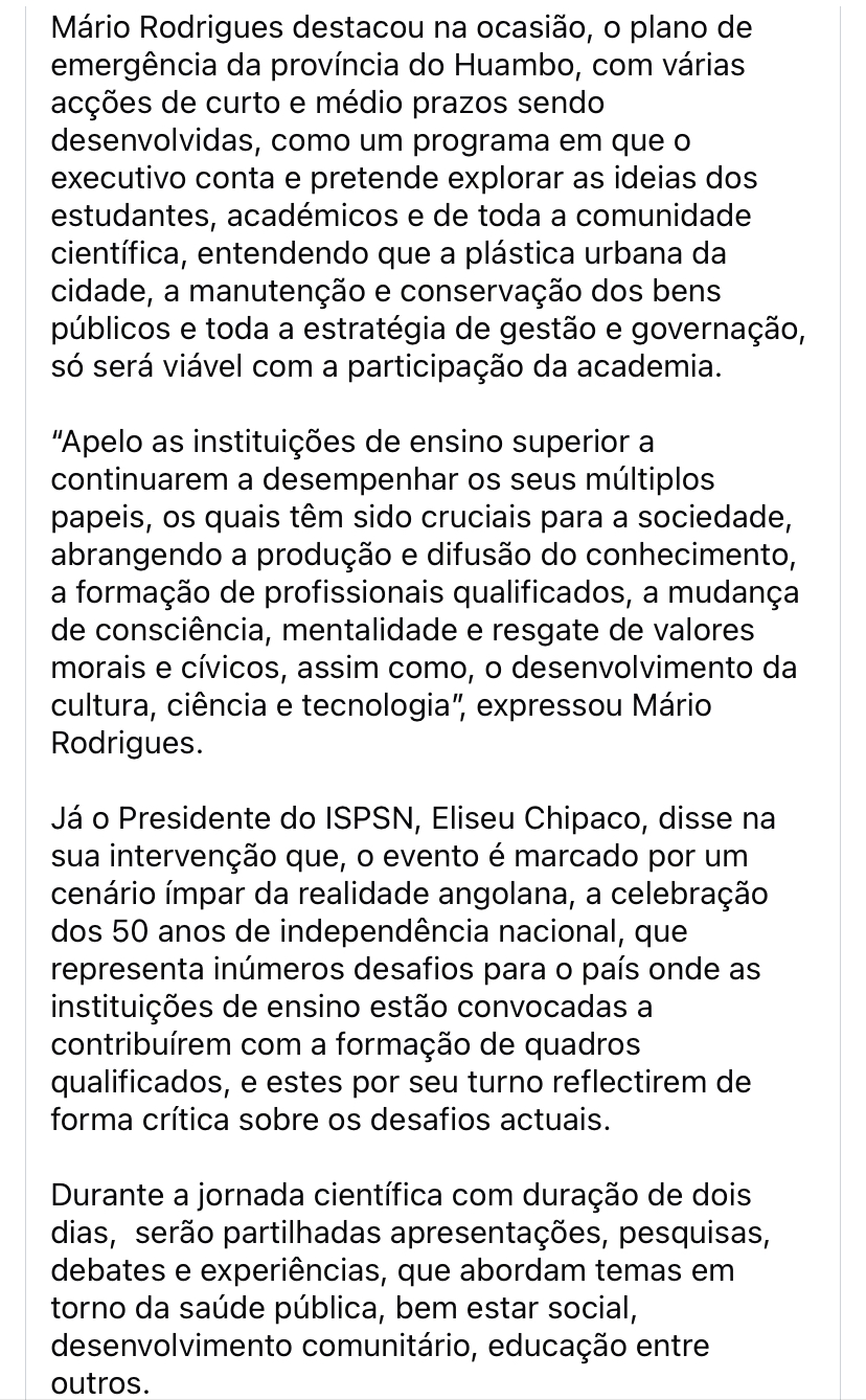 GOVERNO DA PROVÍNCIA DO HUAMBO ENALTECE AS IV JORNADAS CIENTÍFICAS DO ...