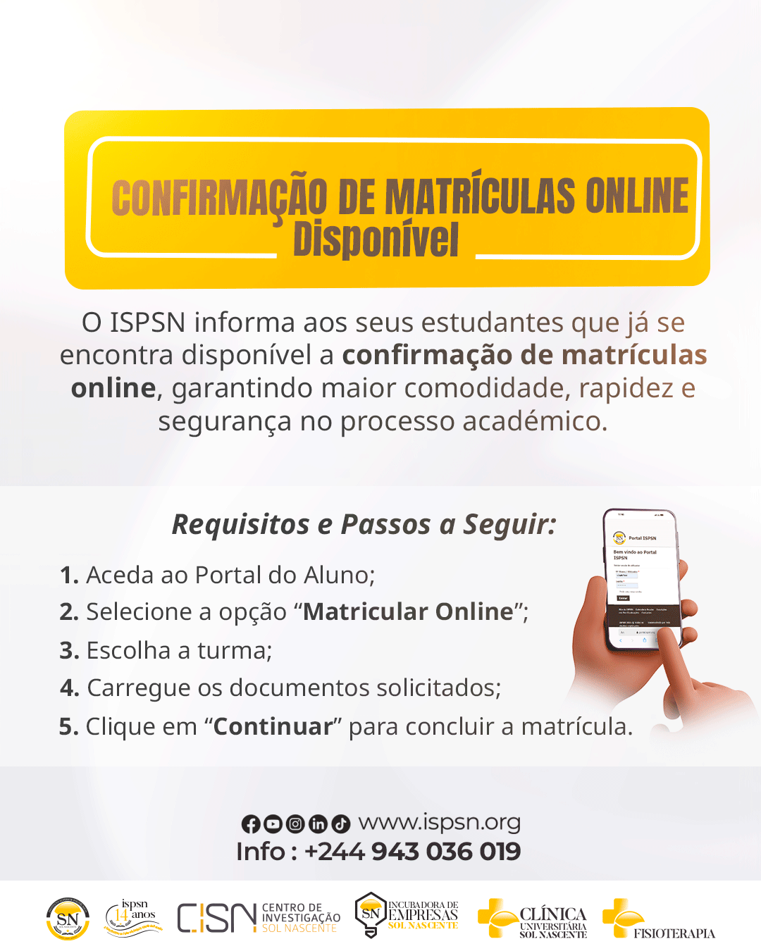 Confirmação de Matrículas Online já disponível no ISPSN | ISPSN